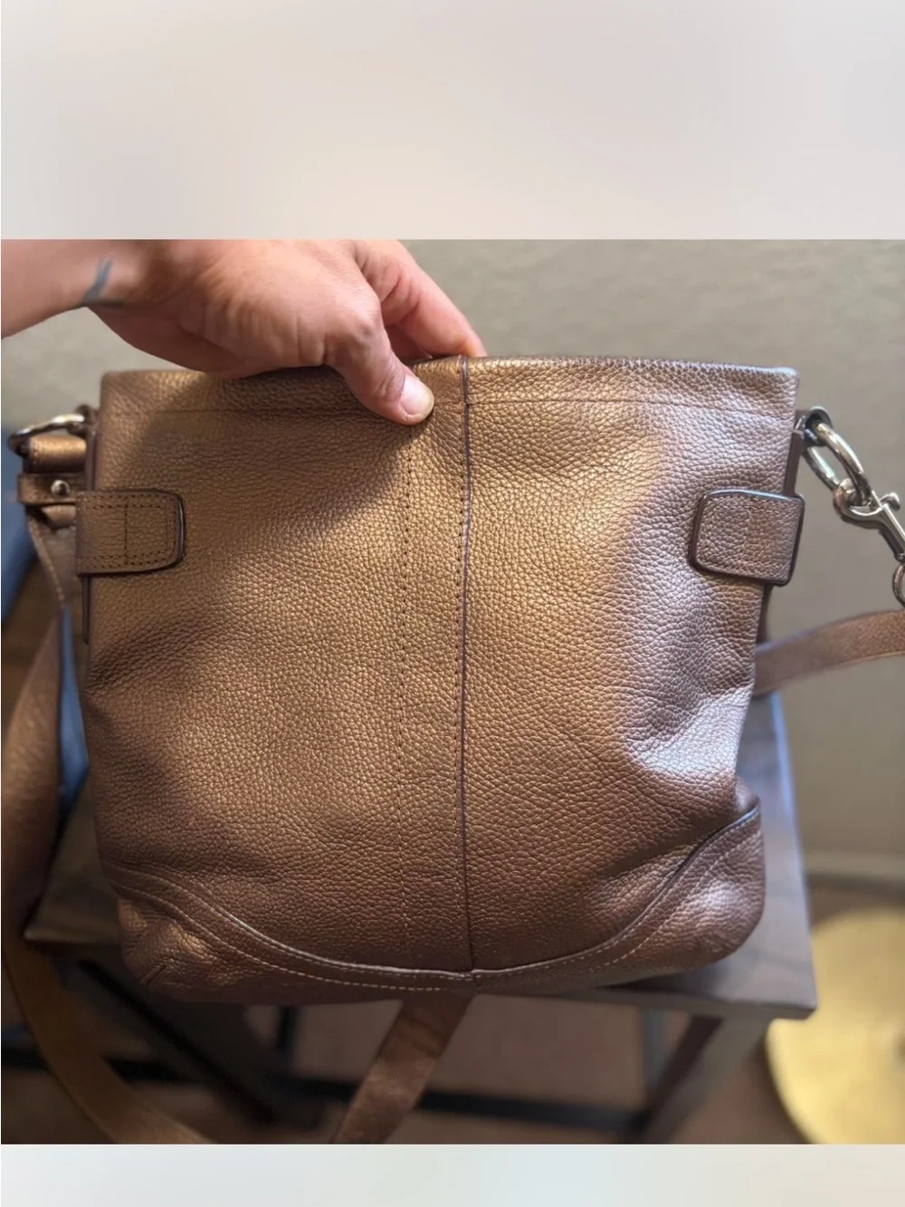 Coach | Bags | Coach Metallic Bronze Pebbled Leather Chain Crossbody ...